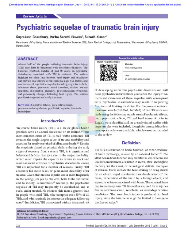 Psychiatric sequelae of traumatic brain injury