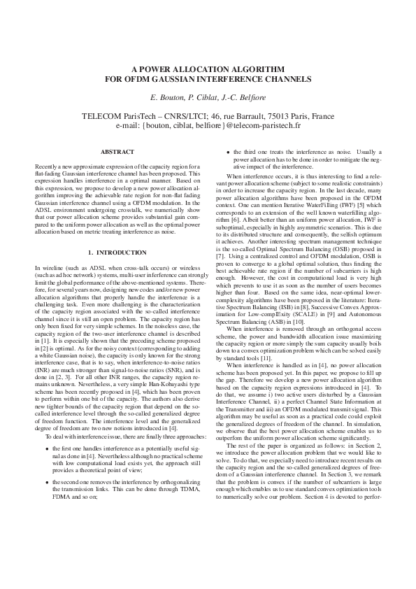 (PDF) A POWER ALLOCATION ALGORITHM FOR OFDM GAUSSIAN INTERFERENCE CHANNELS