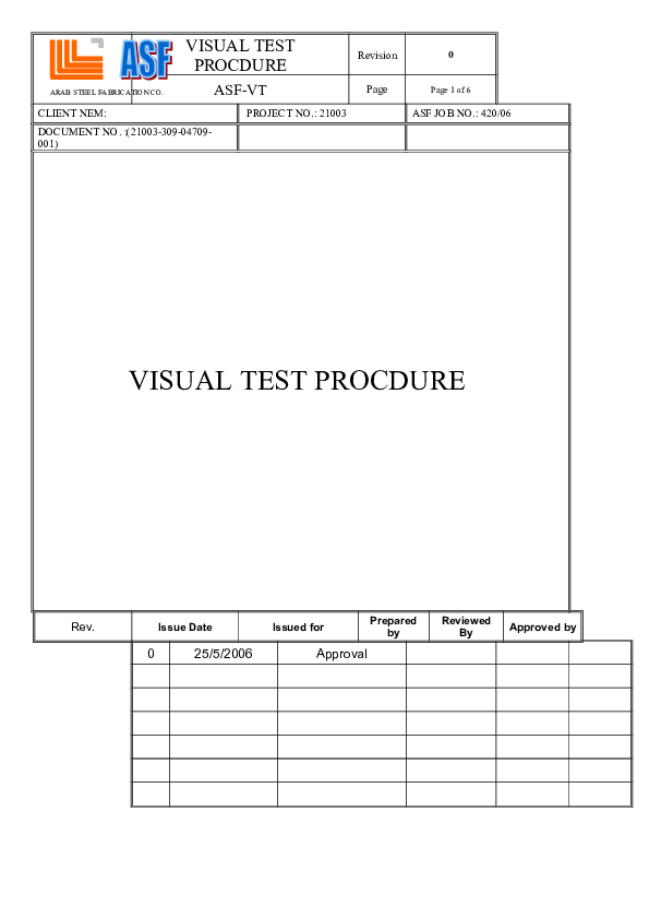 (DOC) VISUAL TEST PROCDURE Revision 0 ASF-VT Page VISUAL TEST PROCDURE ...