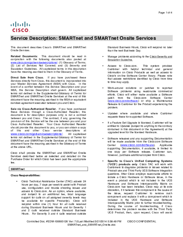 cisco smartnet service level descriptions