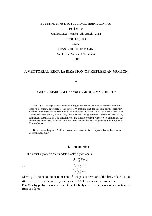 (PDF) Vectorial Regularization of Kepler's Motion