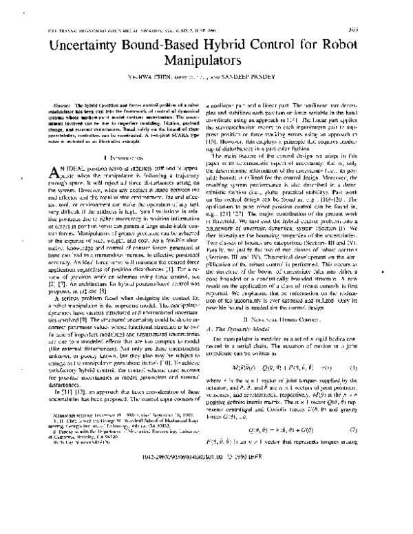 (PDF) Uncertainty bound-based hybrid control for robot manipulators - Robotics and Automation ...