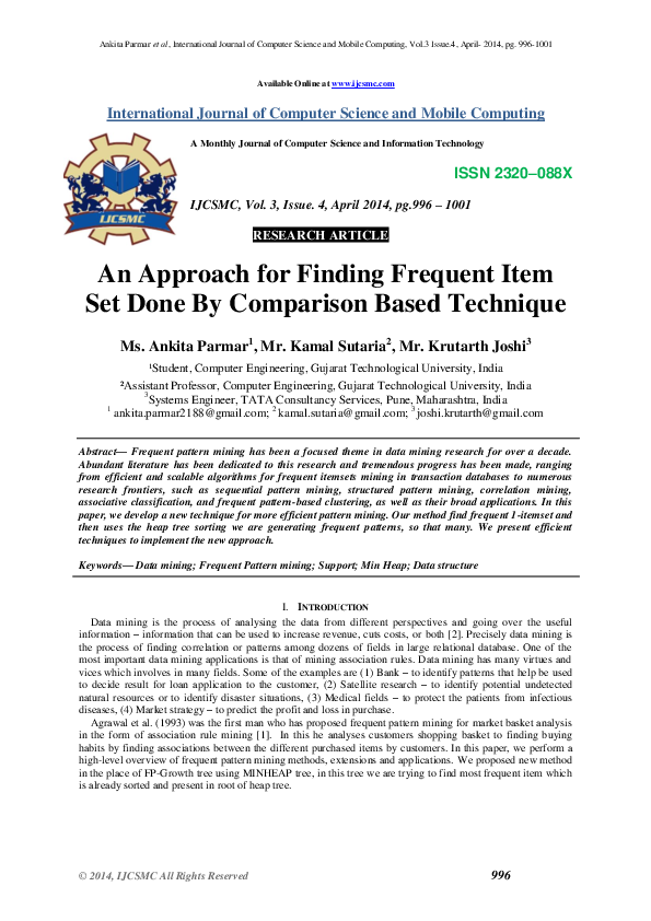 Pdf An Approach For Finding Frequent Item Set Done By Comparison Based Technique