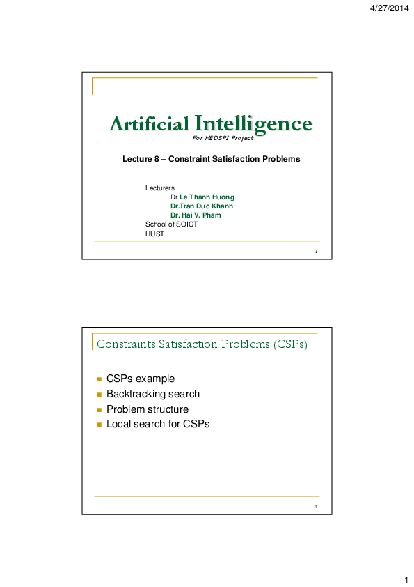 Pdf Lecture 8 Constraint Satisfaction Problems
