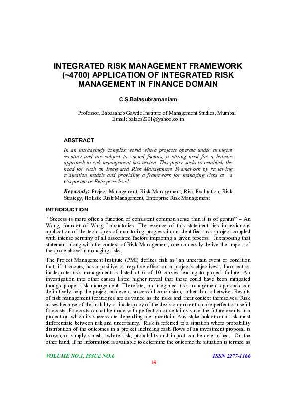 (PDF) INTEGRATED RISK MANAGEMENT FRAMEWORK (~4700) APPLICATION OF ...