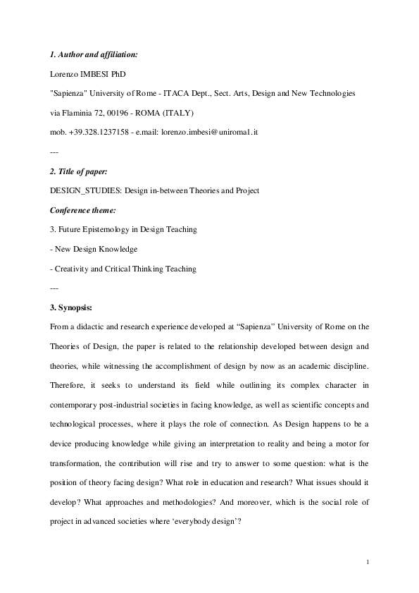 (PDF) Design_Studies: Design in-between Theories and Project