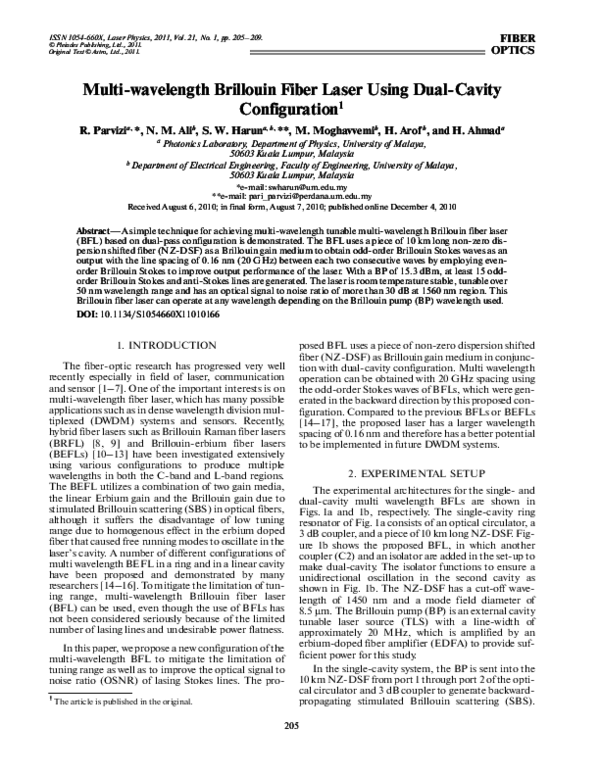 Pdf Multi Wavelength Brillouin Fiber Laser Using Dual Cavity Configuration