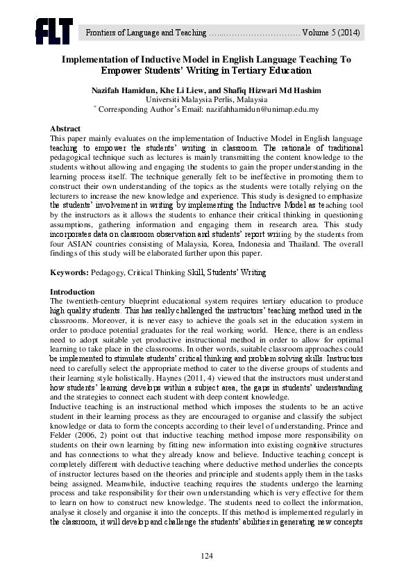 Implementation of Inductive Model in English Language Teaching To ...