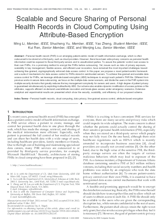 (PDF) Scalable and Secure Sharing of Personal Health Records in Cloud Computing Using Attribute ...