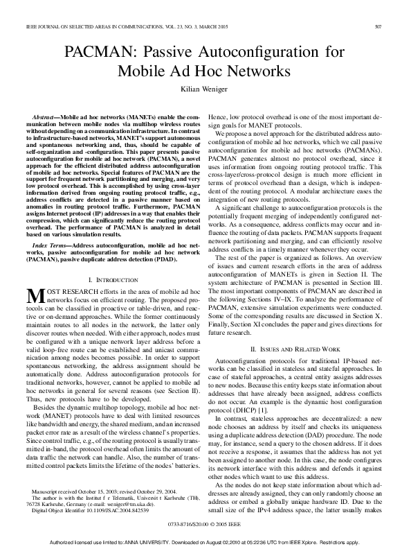 (PDF) PACMAN: Passive Autoconfiguration for Mobile Ad Hoc Networks