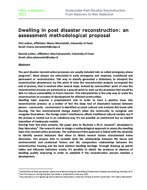 (PDF) Dwelling in post disaster reconstruction: an assessment ...