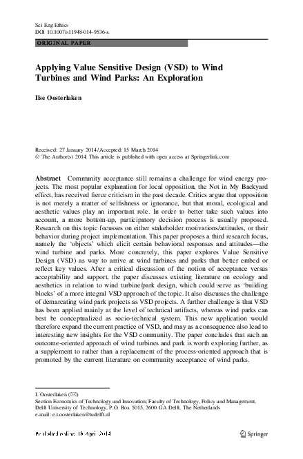 (PDF) Applying Value Sensitive Design (VSD) to Wind Turbines and Wind ...