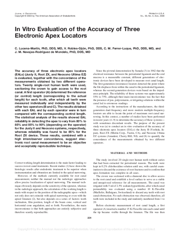 Pdf In Vitro Evaluation Of The Accuracy Of Three Electronic Apex Locators