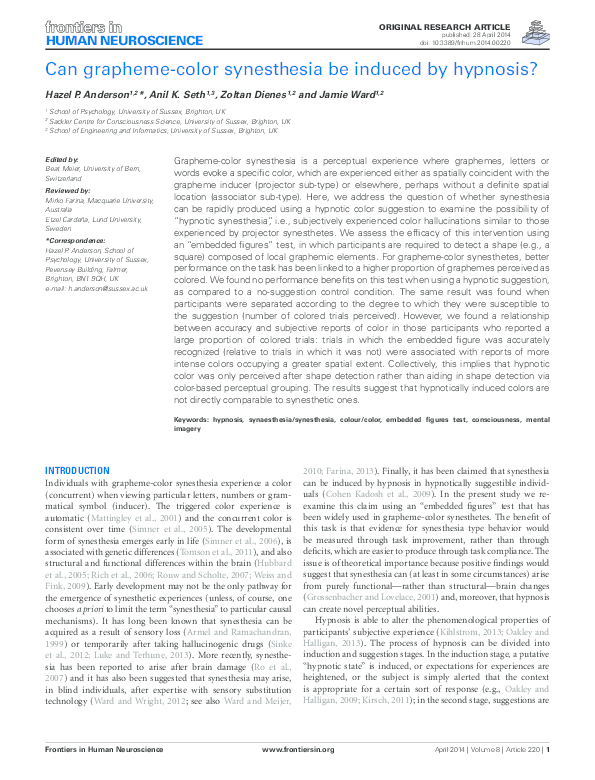 (PDF) Can grapheme-color synesthesia be induced by hypnosis?