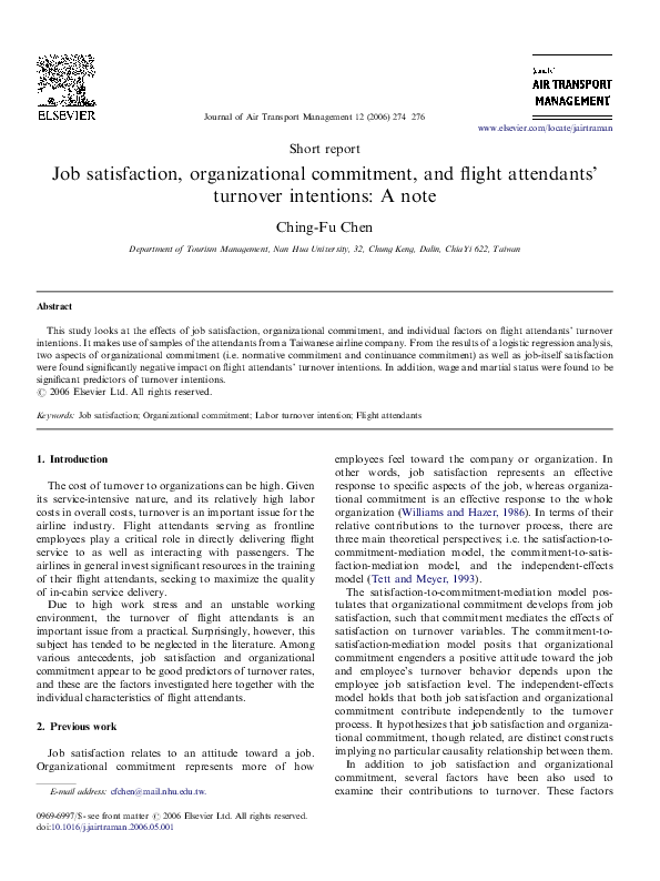 (PDF) Job satisfaction, organizational commitment, and ﬂight attendants’ turnover intentions: A note