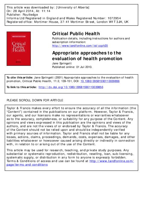 (PDF) Appropriate approaches to the evaluation of health promotion
