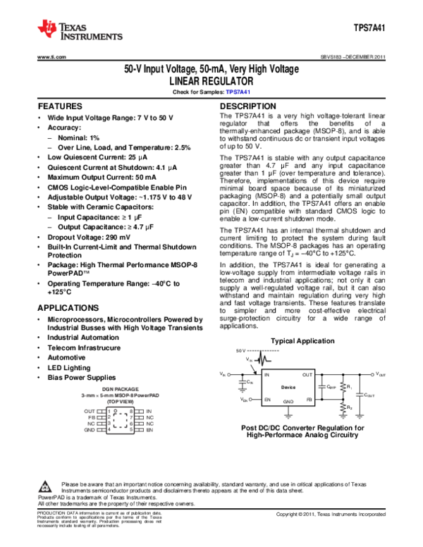 (PDF) 50-V Input Voltage, 50-mA, Very High Voltage Linear Regulator