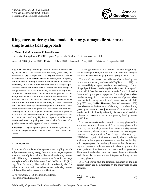 (PDF) Ring current decay time model during geomagnetic storms: a simple ...