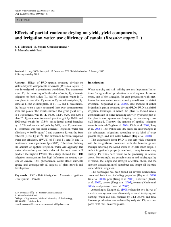 Pdf Effects Of Partial Rootzone Drying On Yield Yield Components