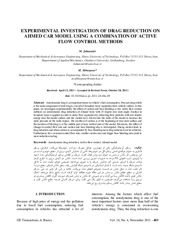 (PDF) EXPERIMENTAL INVESTIGATION OF DRAG REDUCTION ON AHMED CAR MODEL USING A COMBINATION OF ...