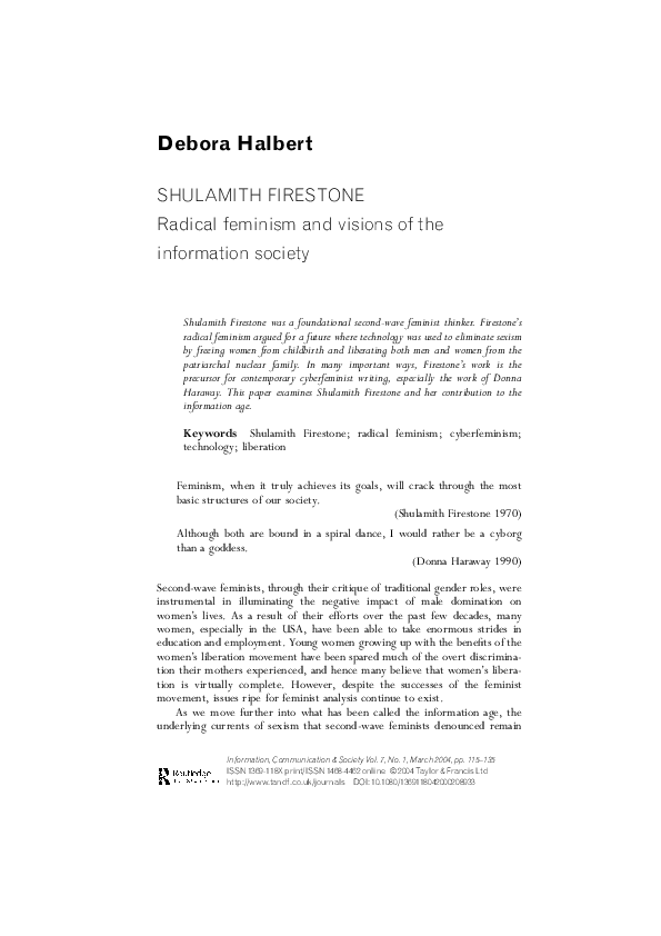 (PDF) “Shulamith Firestone: Radical Feminism and Visions of the ...