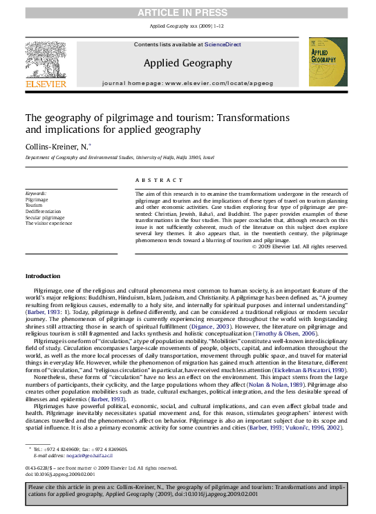 (PDF) The Geography of Pilgrimage and Tourism: Transformations and ...