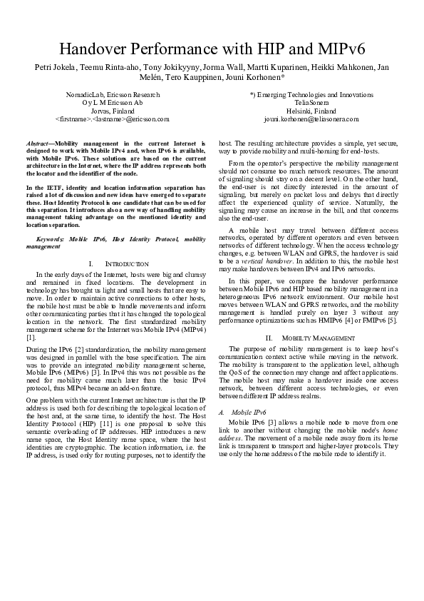 (PDF) Handover performance with HIP and MIPv6