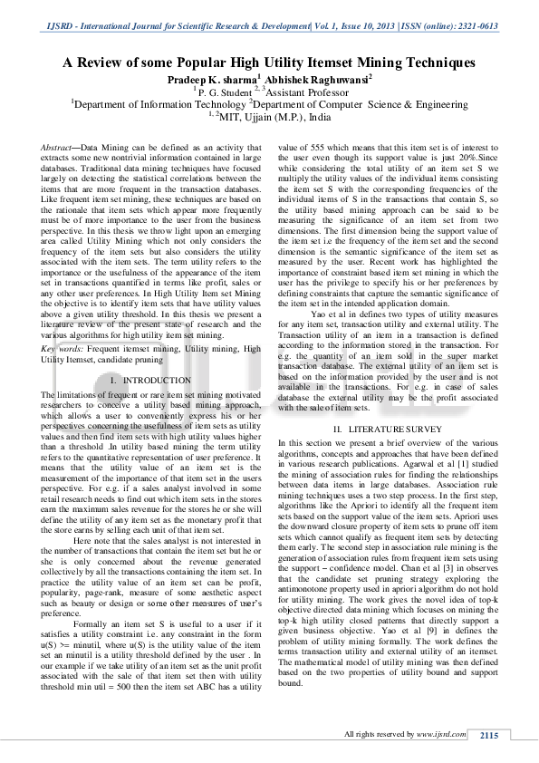 Pdf A Review Of Some Popular High Utility Itemset Mining Techniques