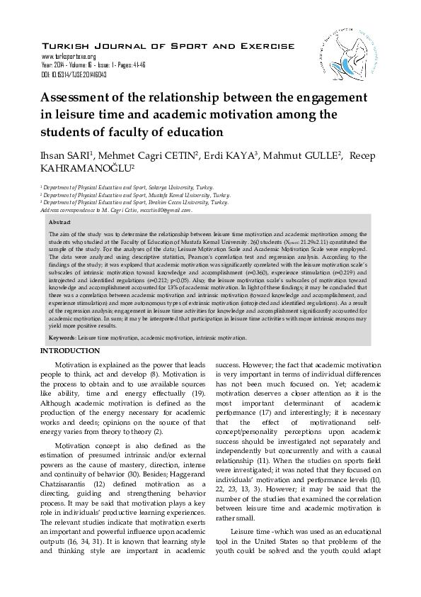 PDF Assessment Of The Relationship Between The Engagement In Leisure PDF Assessment Of The Relationship Between The Engagement In Leisure