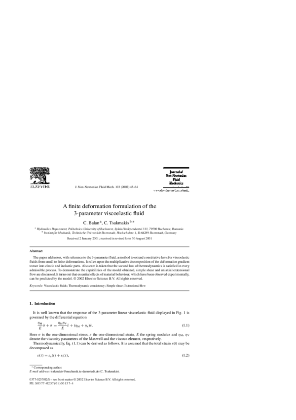 Pdf A Finite Deformation Formulation Of The 3 Parameter Viscoelastic