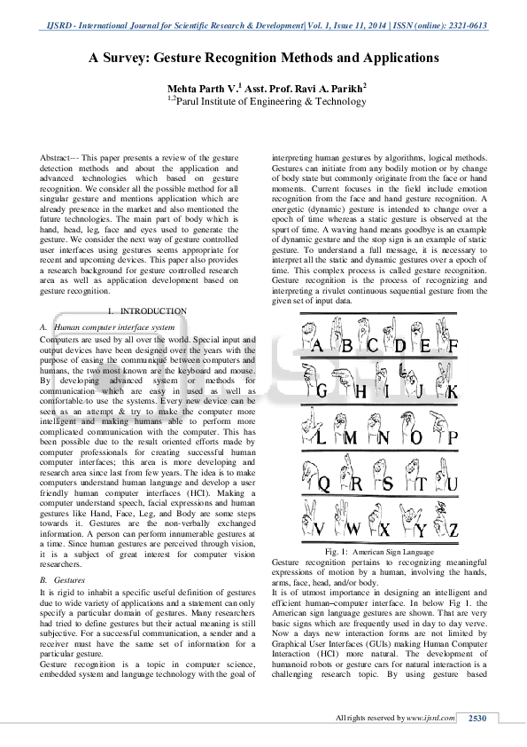 Pdf A Survey Gesture Recognition Methods And Applications