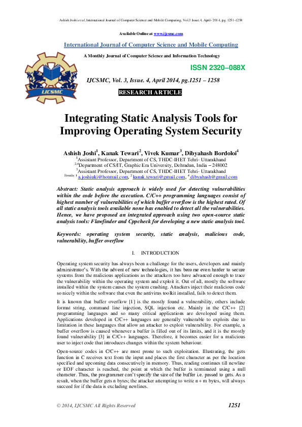 Integrating Static Analysis Tools For Improving Operating System Security 