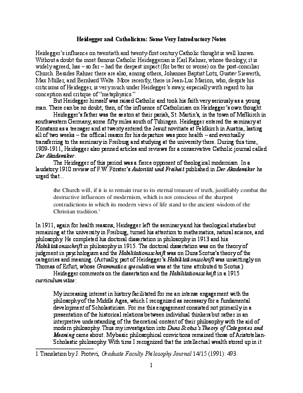 (PDF) Heidegger & Catholicism: Some Very Introductory Notes