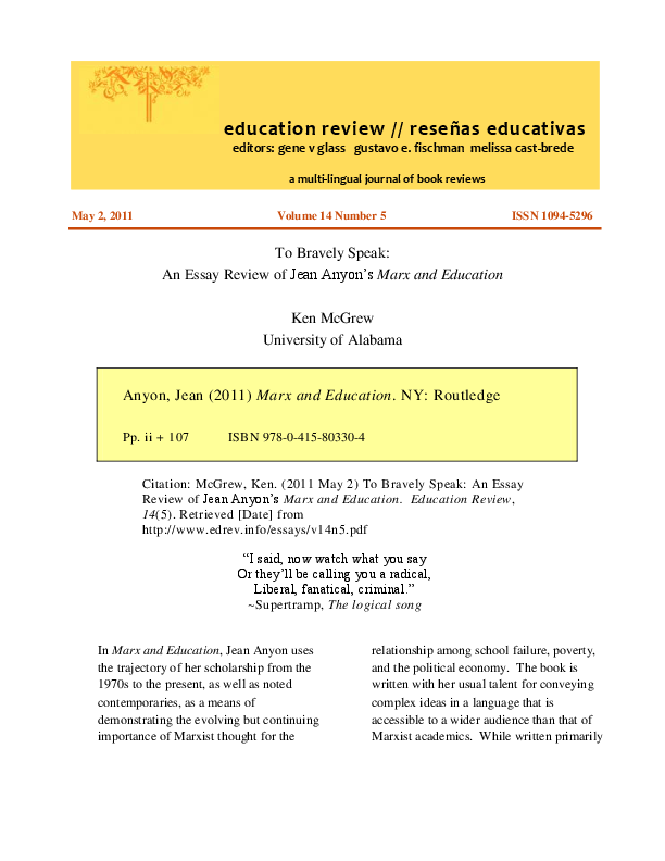 (PDF) To Bravely Speak: An Essay Review of Jean Anyon's Marx and Education