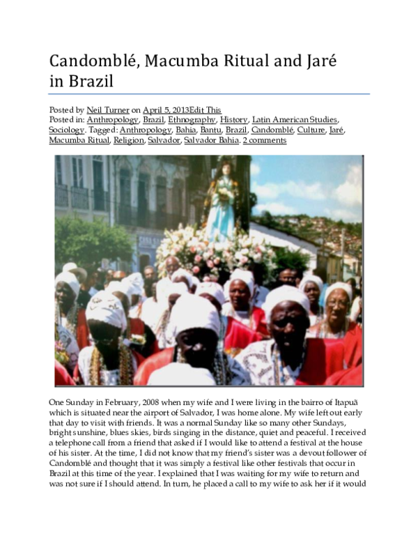 (PDF) Turner - 2013 - Candomblé , Macumba Ritual and Jaré in Brazil ...
