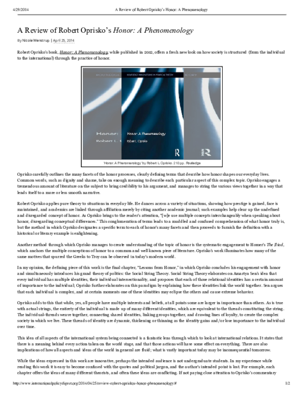 (PDF) Nicole Wenstrup. "A Review of Robert Oprisko's Honor: A ...