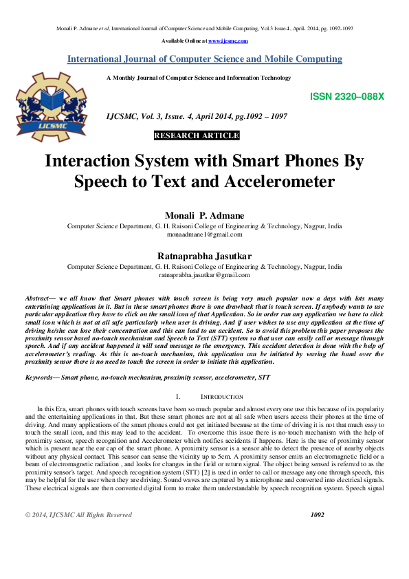 (PDF) Interaction System with Smart Phones By Speech to Text and Accelerometer﻿