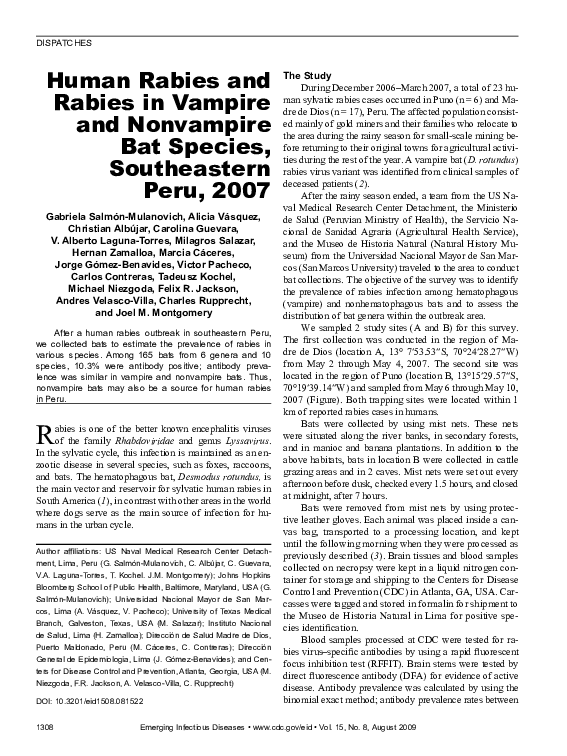 (PDF) Human rabies and rabies in vampire and nonvampire bat species ...