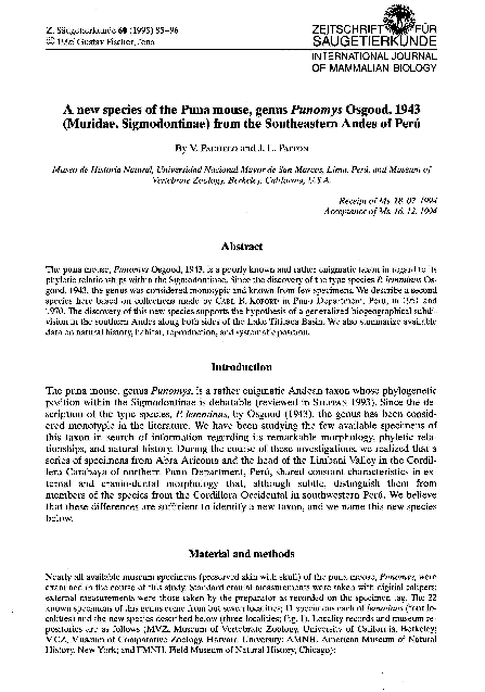 (PDF) A new species of the Puna mouse, genus Punomys Osgood, 1943 ...