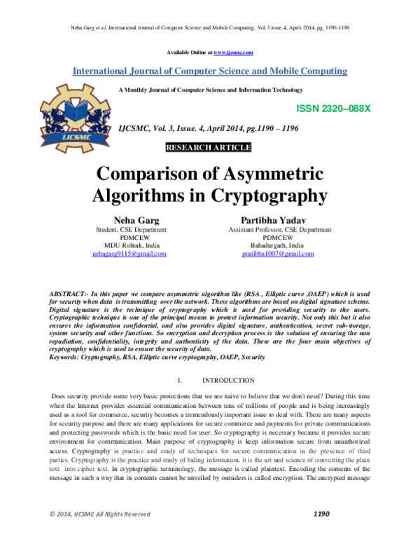 Pdf Comparison Of Asymmetric Algorithms In Cryptography