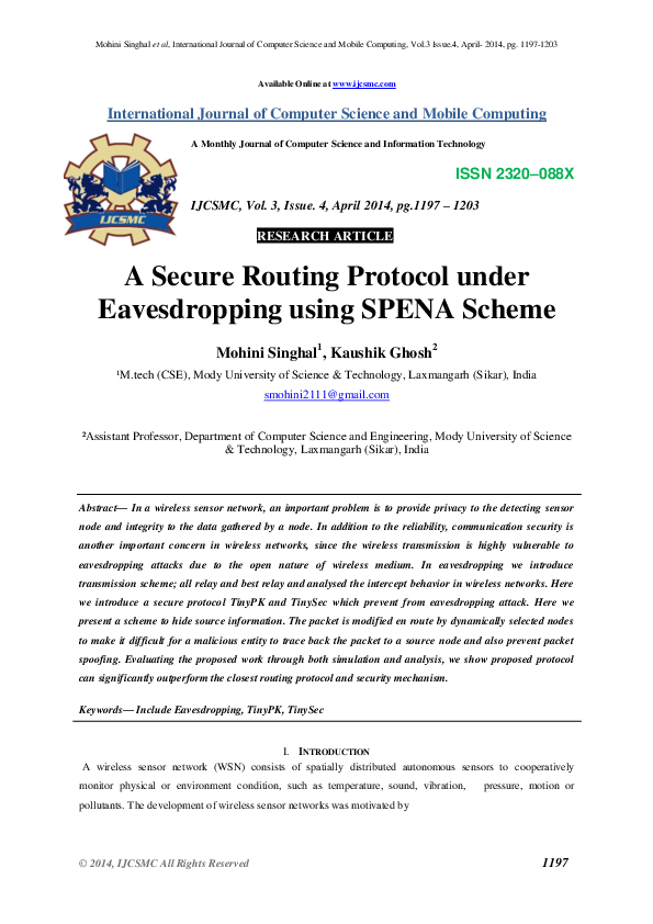 (PDF) A Secure Routing Protocol under Eavesdropping using SPENA Scheme﻿
