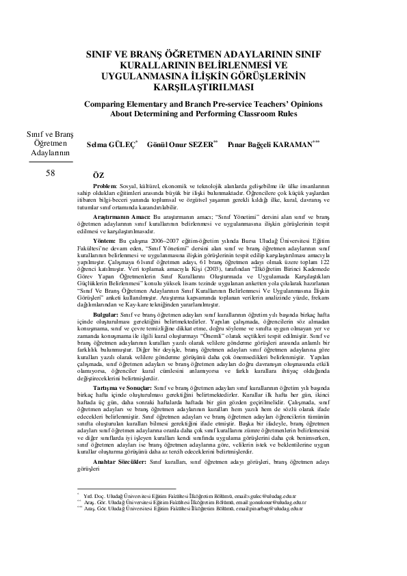 (PDF) SINIF VE BRAN Ö RETMEN ADAYLARININ SINIF KURALLARININ BELRLENMESVE UYGULANMASINAL KN GÖRÜ ...