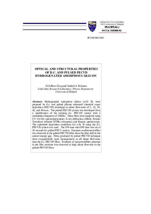 (PDF) OPTICAL AND STRUCTURAL PROPERTIES OF D.C. AND PULSED PECVD ...