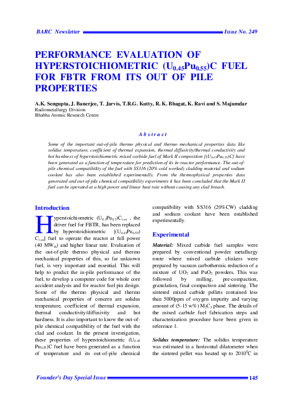 (PDF) PERFORMANCE EVALUATION OF HYPERSTOICHIOMETRIC (U 0.45 Pu 0.55 )C ...