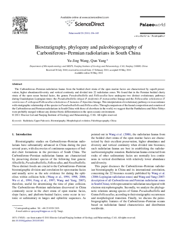 (PDF) Biostratigraphy, phylogeny and paleobiogeography of Carboniferous–Permian radiolarians in ...