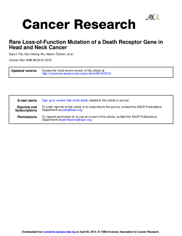 (PDF) Rare Loss-of-Function Mutation of a Death Receptor Gene in Head ...
