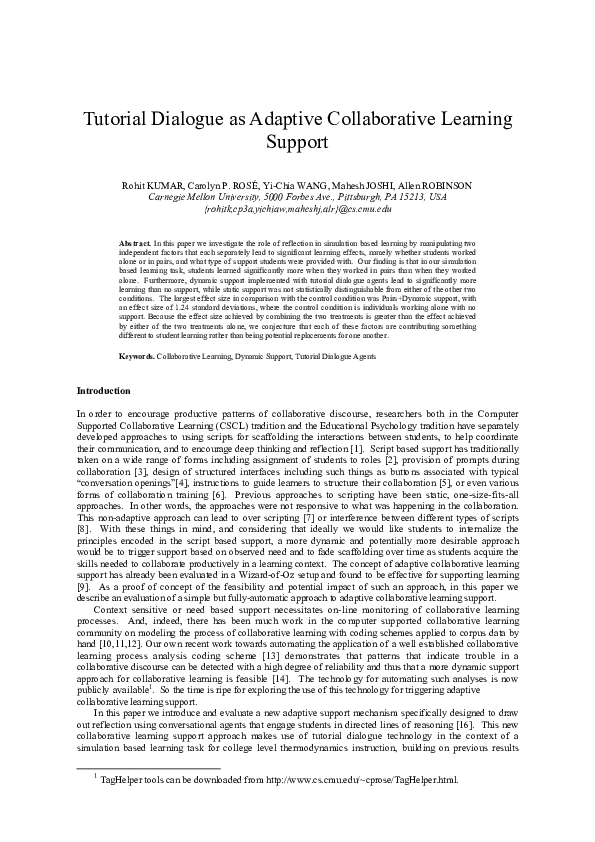 Pdf Tutorial Dialogue As Adaptive Collaborative Learning Support