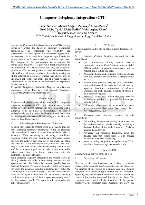(PDF) Computer Telephony Integration (CTI)
