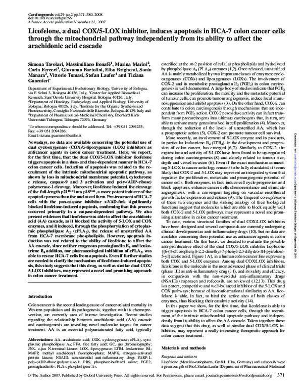 (PDF) Licofelone, a dual COX/5LOX inhibitor, induces apoptosis in HCA7 ...