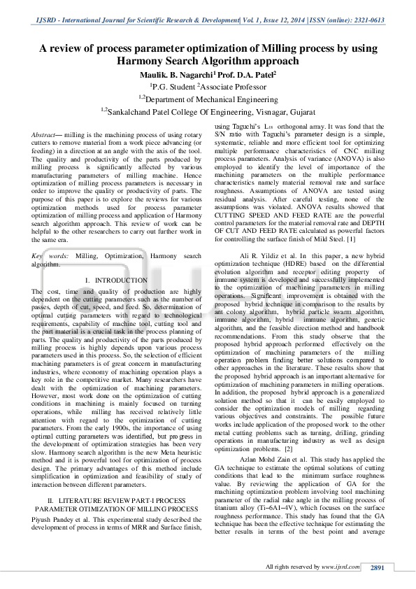 (PDF) A review of process parameter optimization of Milling process by using Harmony Search ...